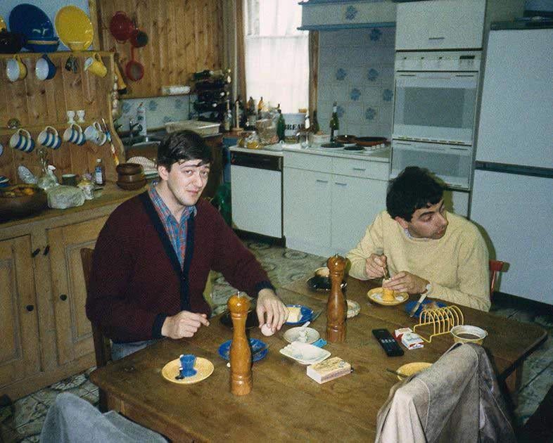 Stephen Fry and Rowan Atkinson eating boiled eggs, late 1970s - USLUCK