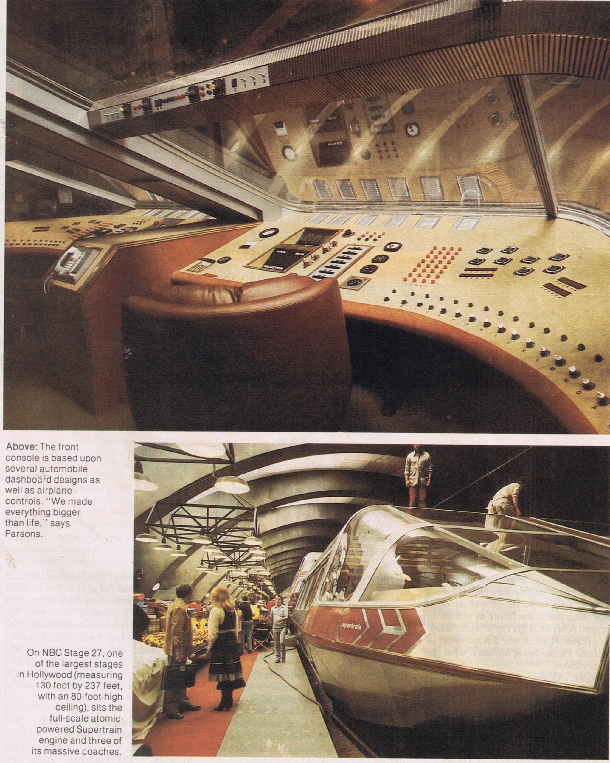 Cockpit and exterior of the nuclear-powered Supertrain, from the 1979 ...