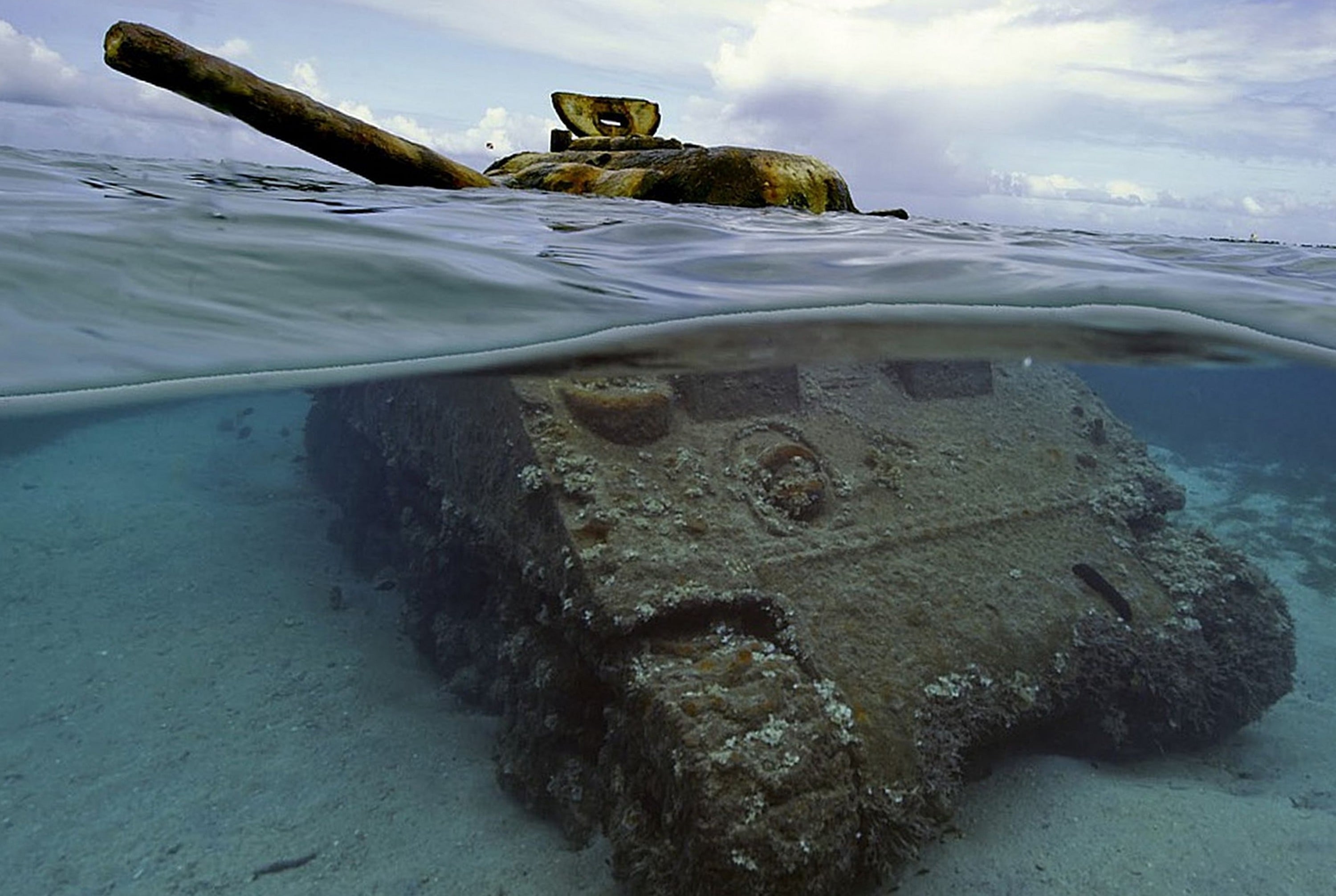 Submerged Sherman Tank from the battle of Saipan (1944). Still in water ...