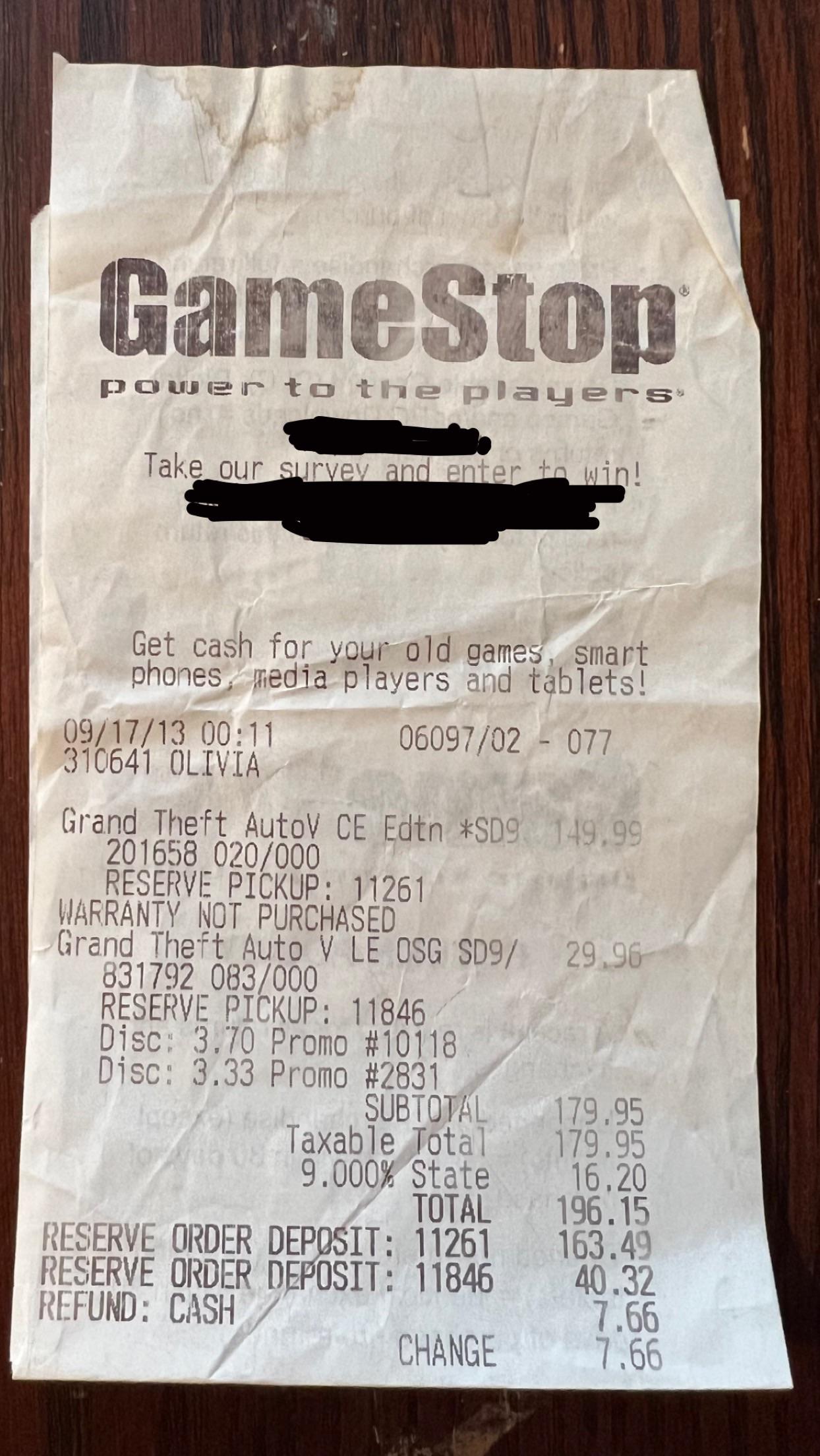 My original receipt from Grand Theft Auto V’s midnight release 10 years ...