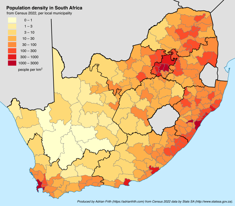Population density map of South Africa from just-released Census 2022 ...