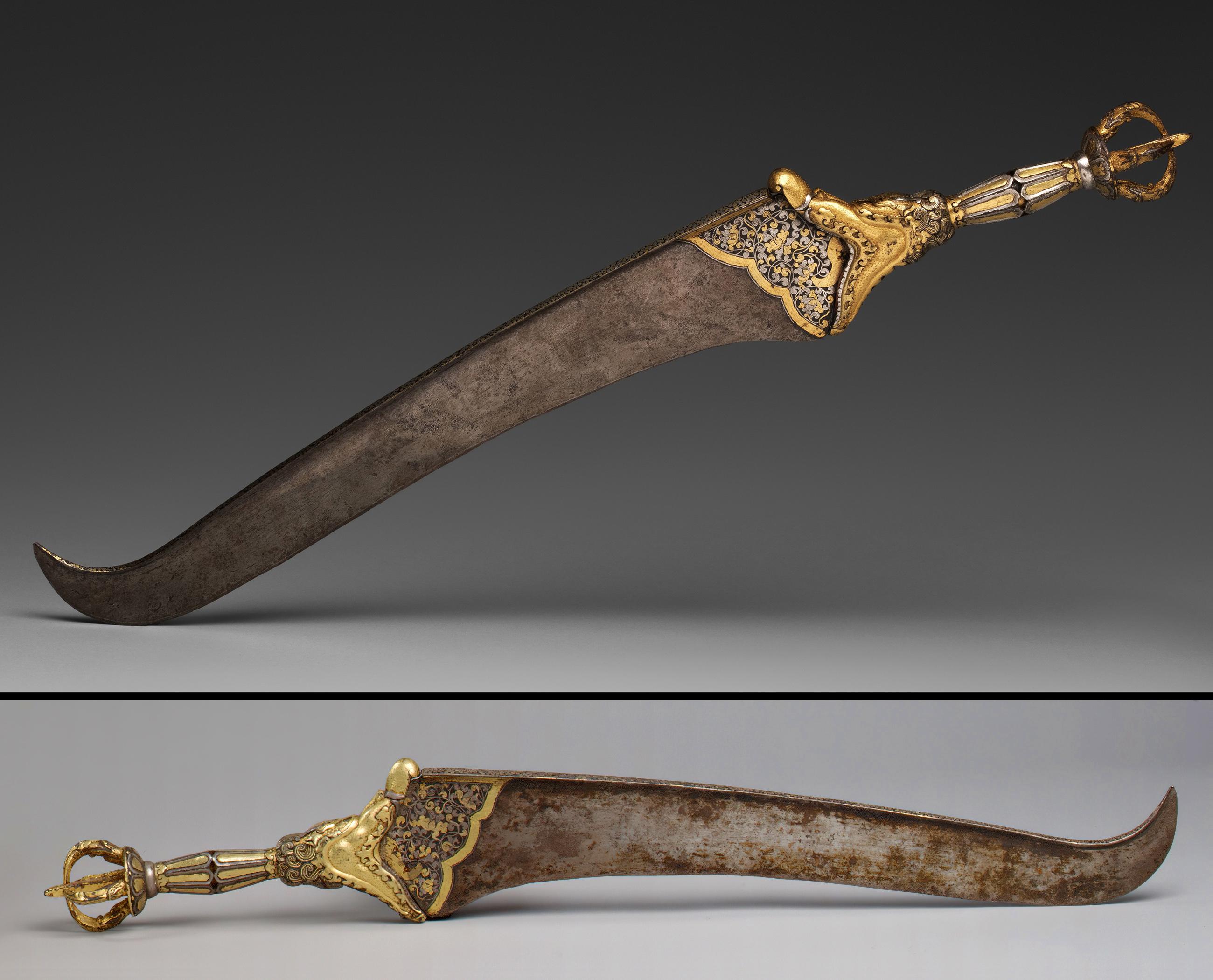 Ritual flaying knife with gilded vajra handle and makara hilt. Restored ...