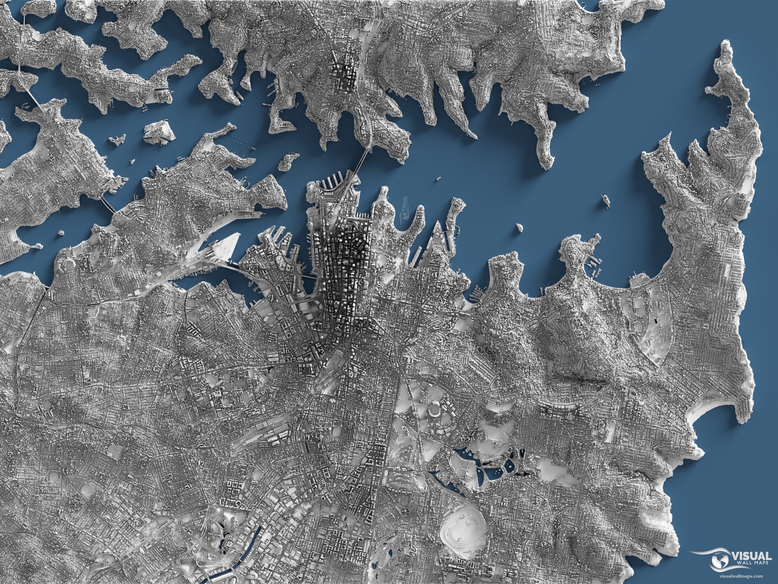 A detailed shaded relief map of Sydney Australia rendered from Lidar ...