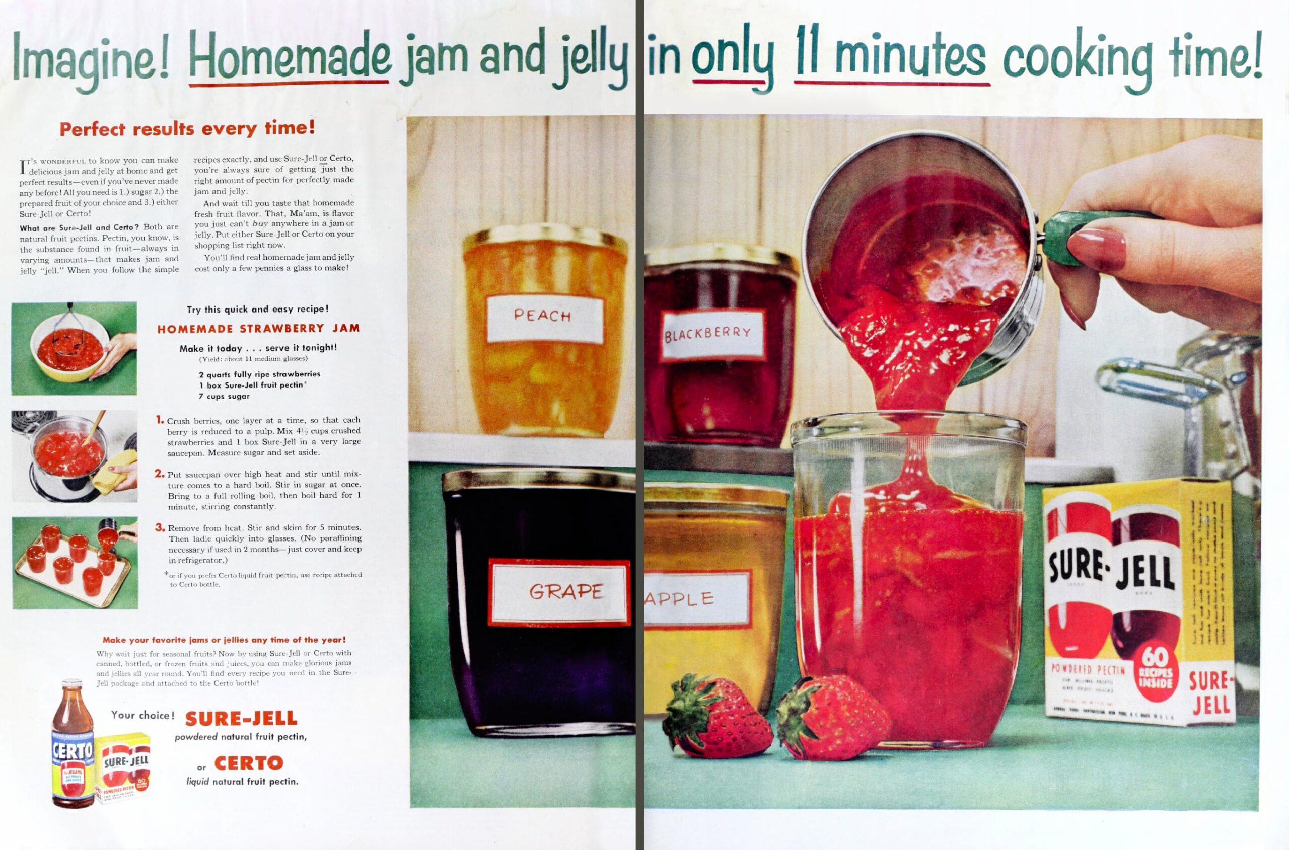 Sure-Jell and Certo Fruit Pectin with Strawberry Jam recipe, 1955 - USLUCK