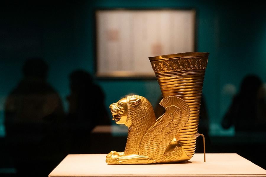 The 17cm Achaemenid golden Lion Rhyton, crafted during the Achaemenid ...