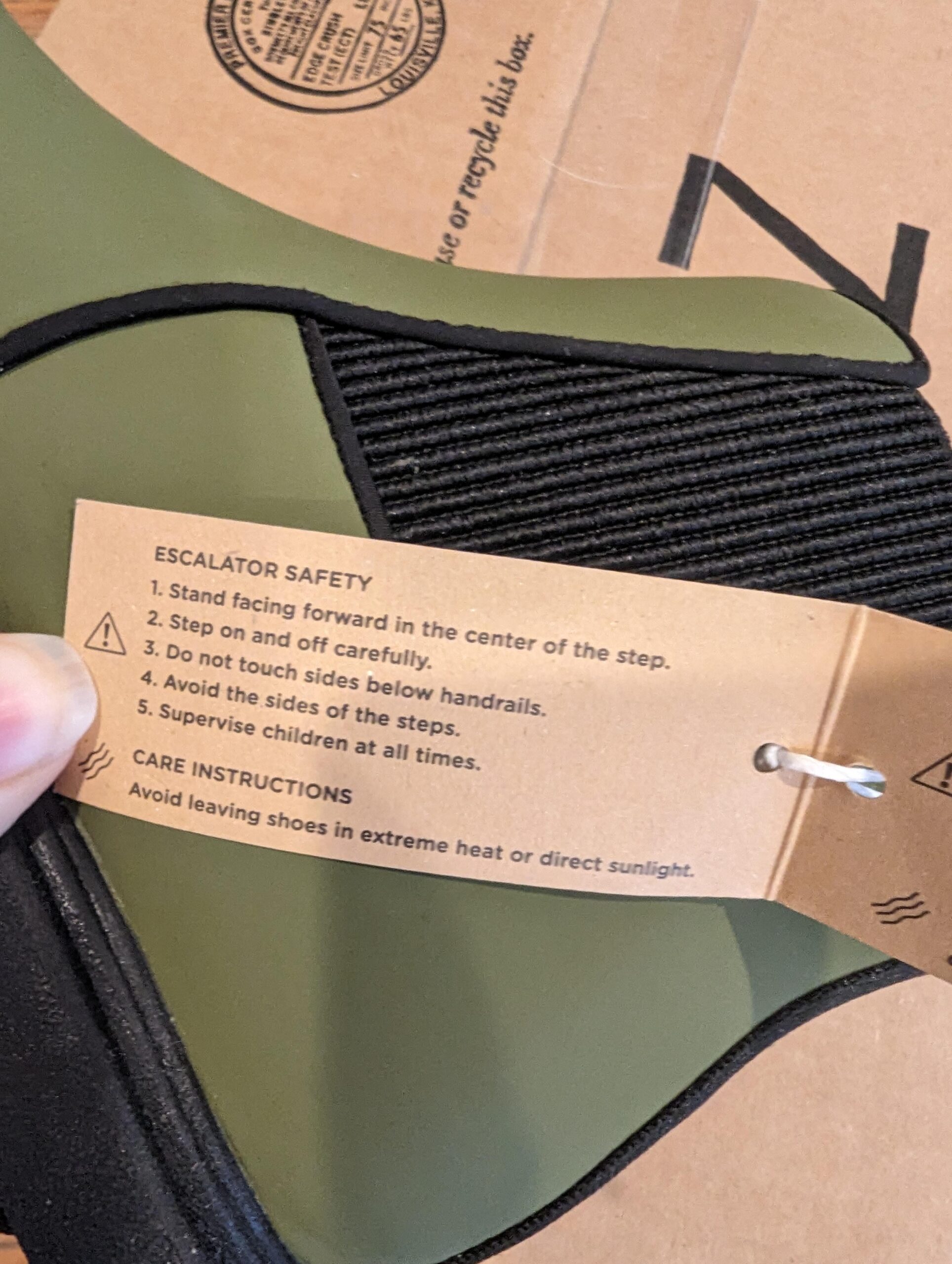 My son's shoe tag has escalator safety instructions inside the tag ...