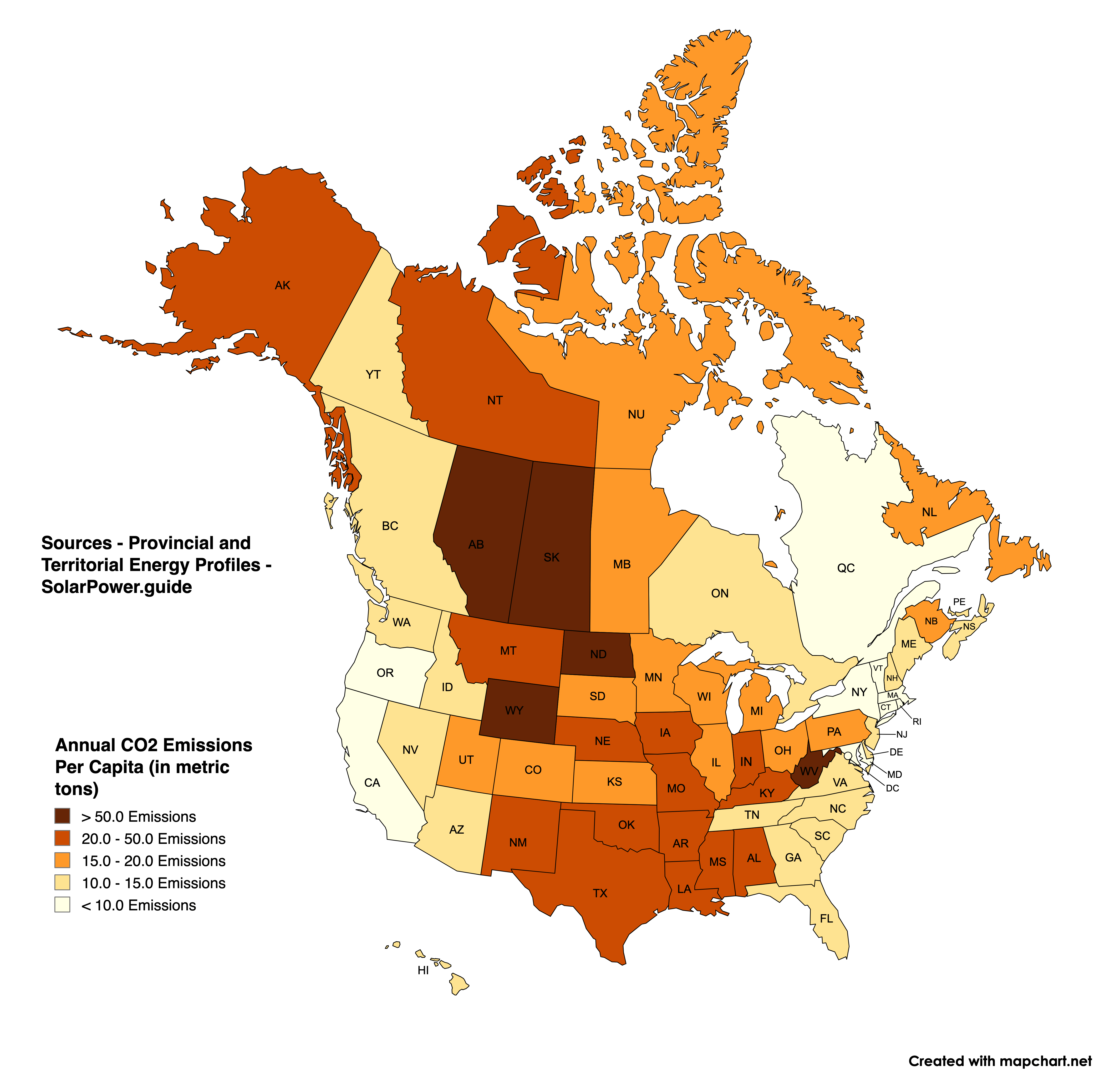 Map of Annual CO2 Emissions Per Capita in US States and Canadian ...