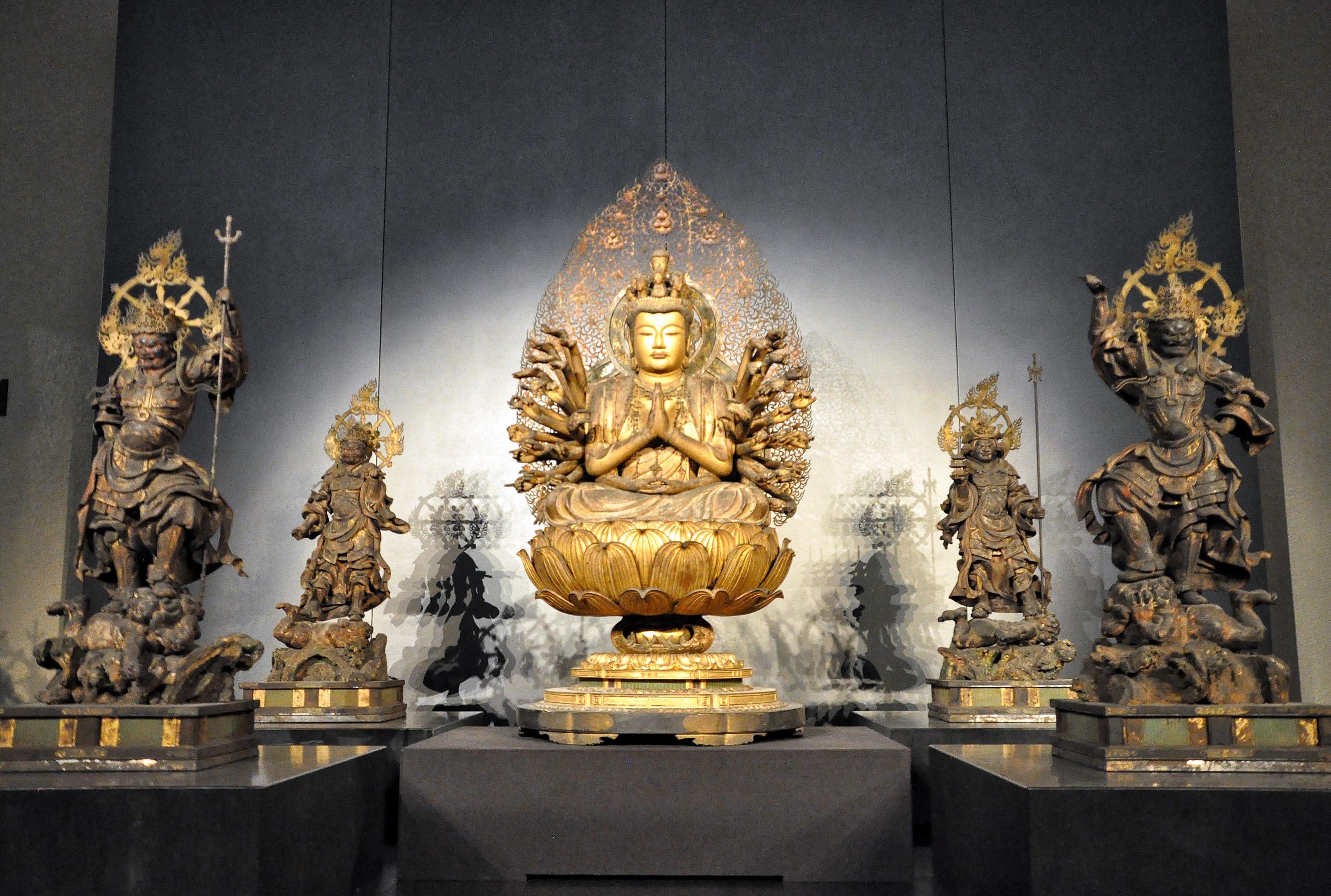 Gilded sculptures of Avalokitesvara and the Four Heavenly Kings. Japan ...