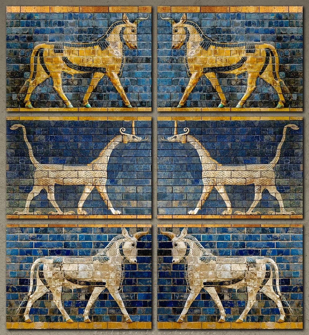 Glazed brick Aurochs and Dragon. Ishtar Gate, Babylon, circa 670 BC ...
