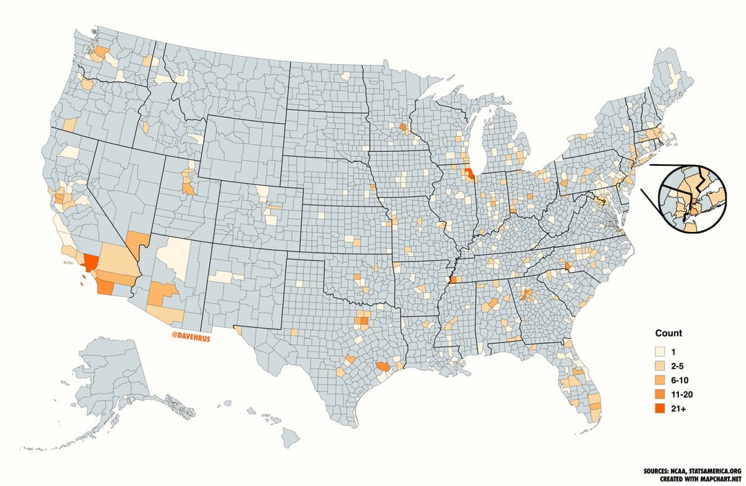 [OC] The Hometown of Every American Player in the 2025 Men's March ...