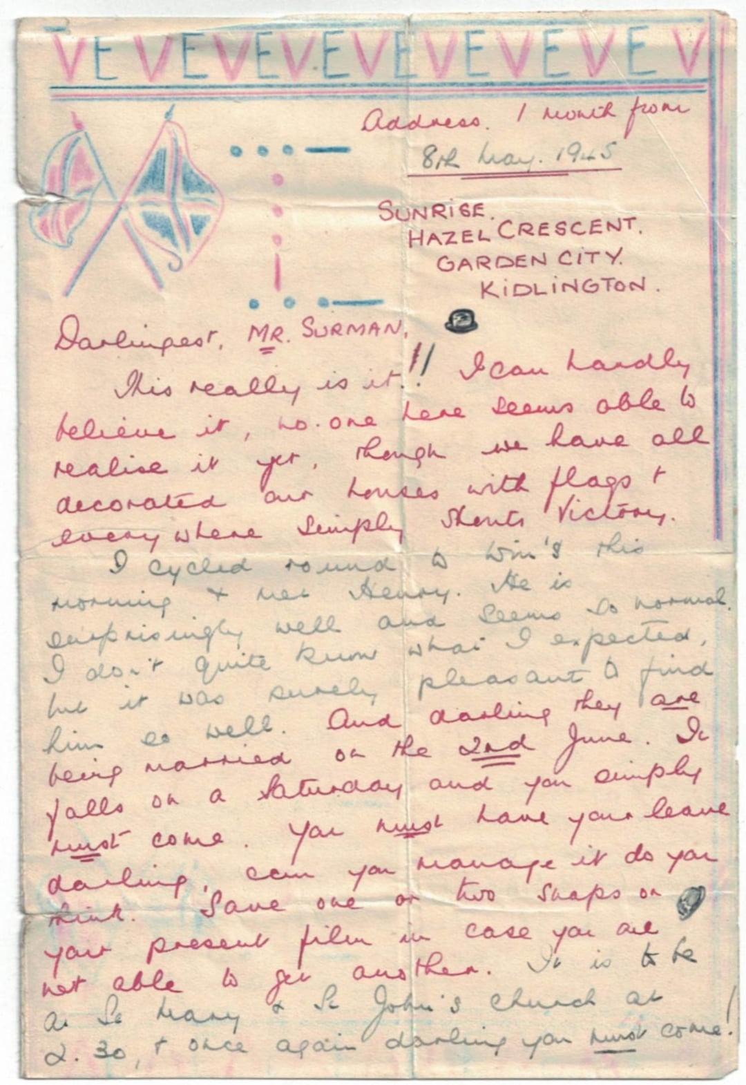 Rare letter written on 8 May 1945 describing VE Day celebrations and ...