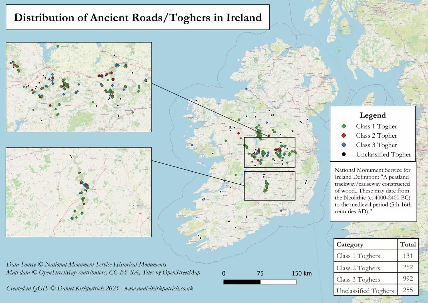 [OC] Distribution of prehistoric roads or toghers across Ireland - USLUCK