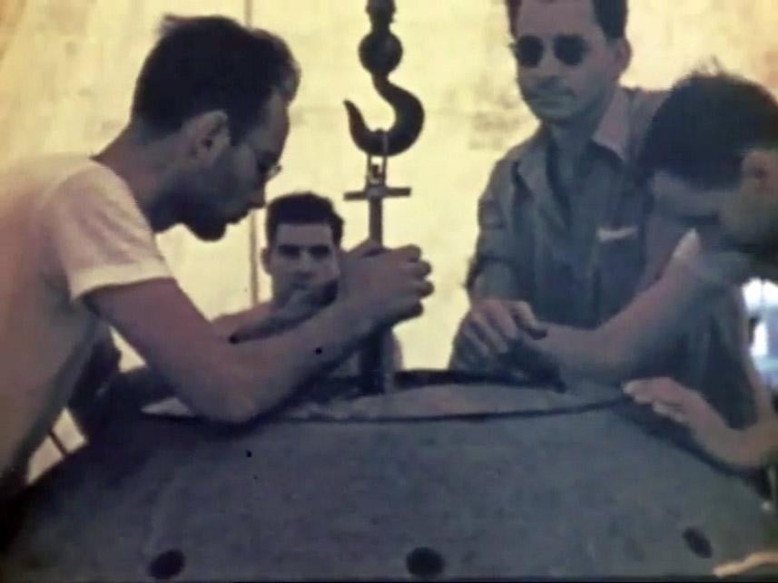 A photo of Los Alamos scientists during the Trinity Test of 1945. The ...