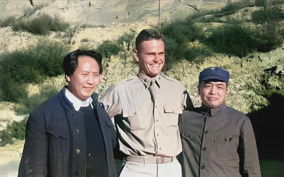 U.S. Army Observer Group visiting Yan'an in 1944, with Mao Zedong and ...