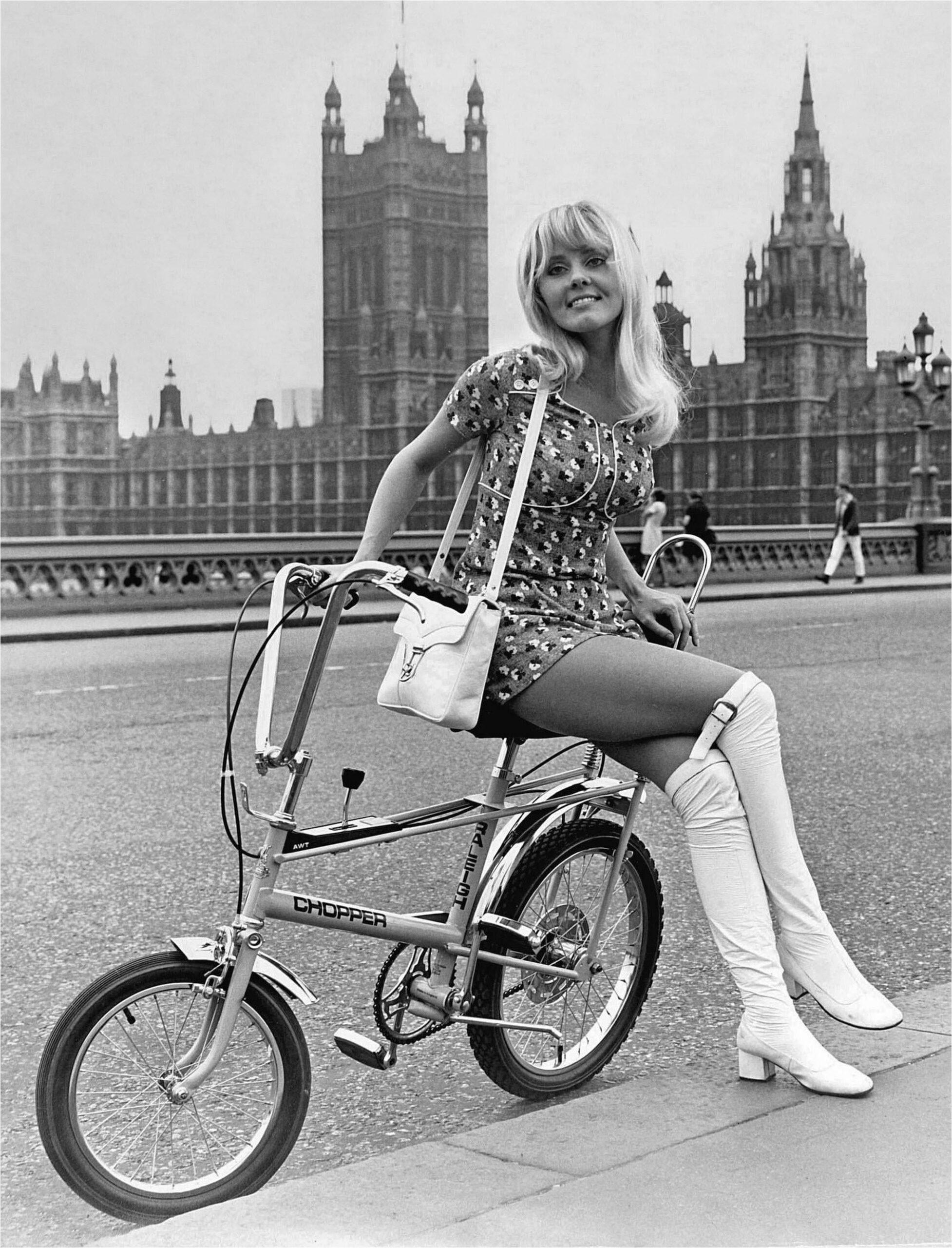 Danish actress, Yutte Stensgaard on iconic Raleigh Chopper, with Houses ...