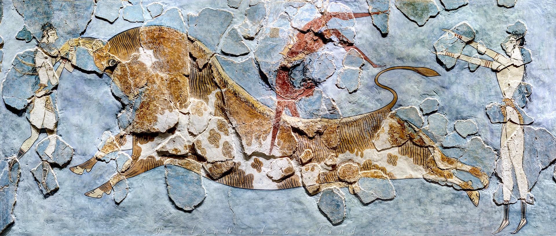 Minoan Bull Leaping Fresco, Crete, 1650 BC. This colorful painting is ...