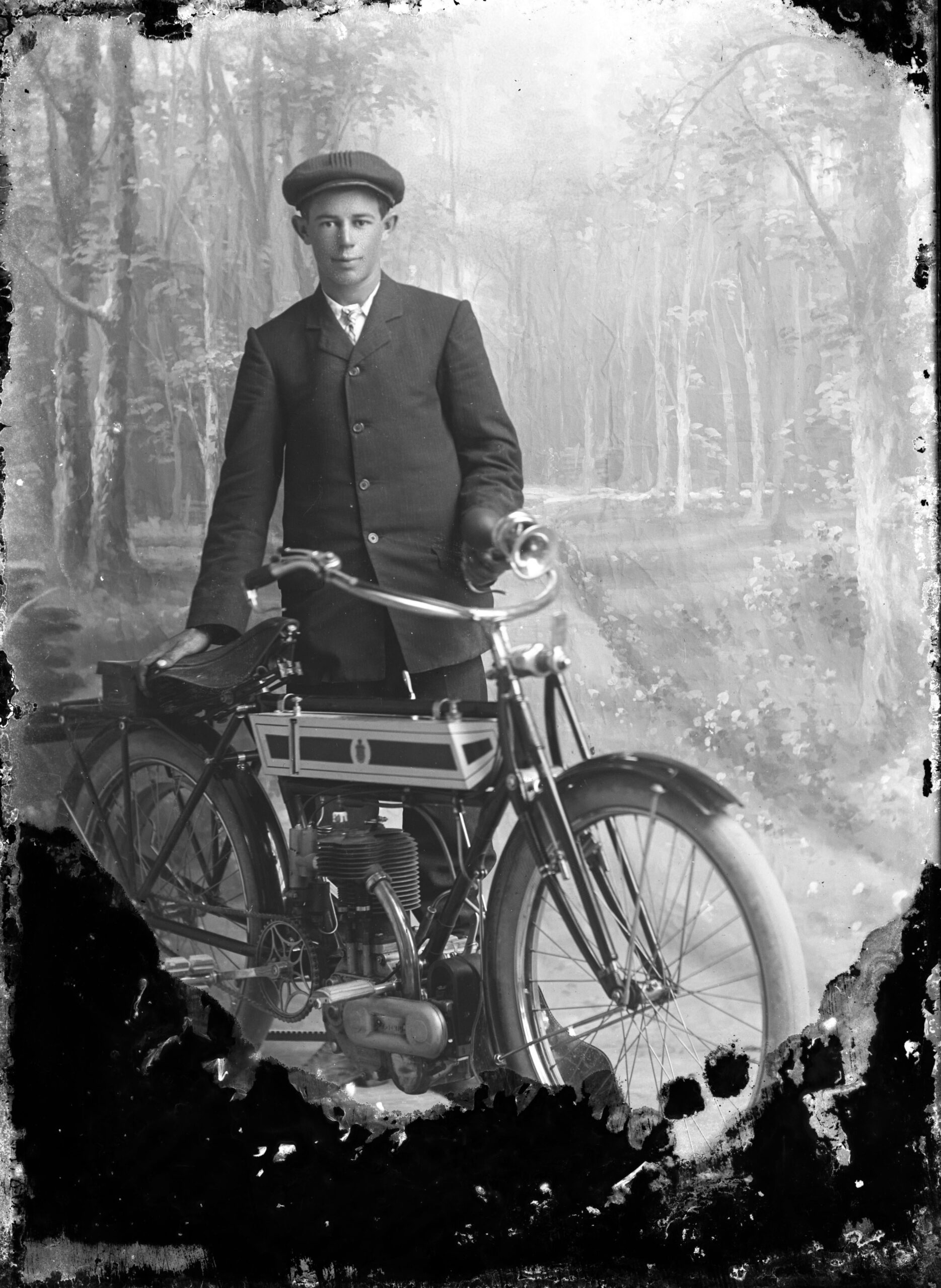 Gentleman poses with his triumph motorcycle, glass negative circa late ...